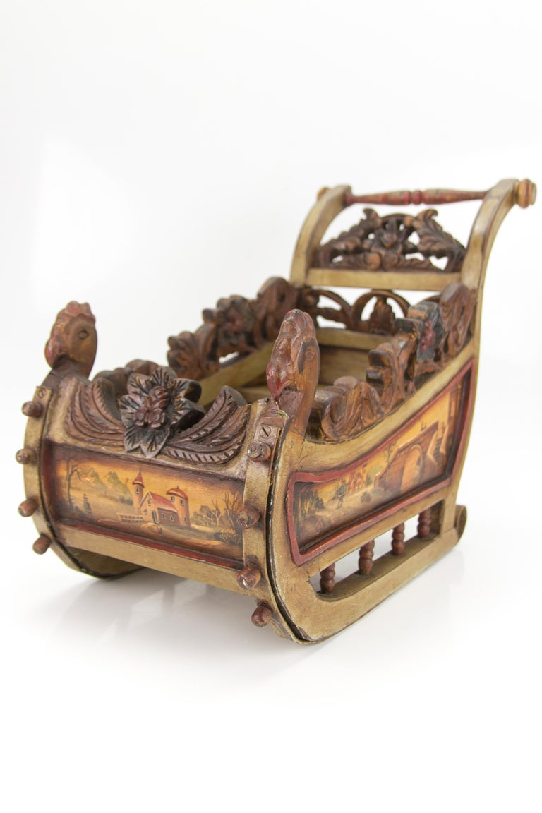 Old German Carved Wooden Sleigh with Hand Painted Scenes at 1stDibs