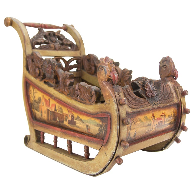 Old German Carved Wooden Sleigh with Hand Painted Scenes at 1stDibs