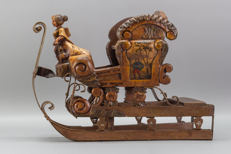 Old German Hand-Carved and Hand-Painted Wooden Sleigh at 1stDibs