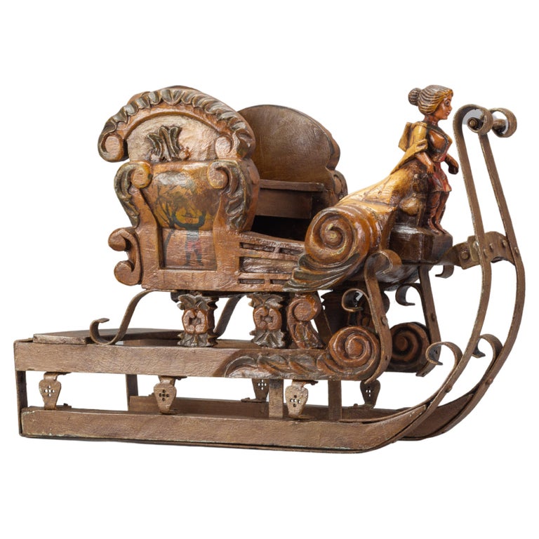 Old German Hand-Carved and Hand-Painted Wooden Sleigh at 1stDibs