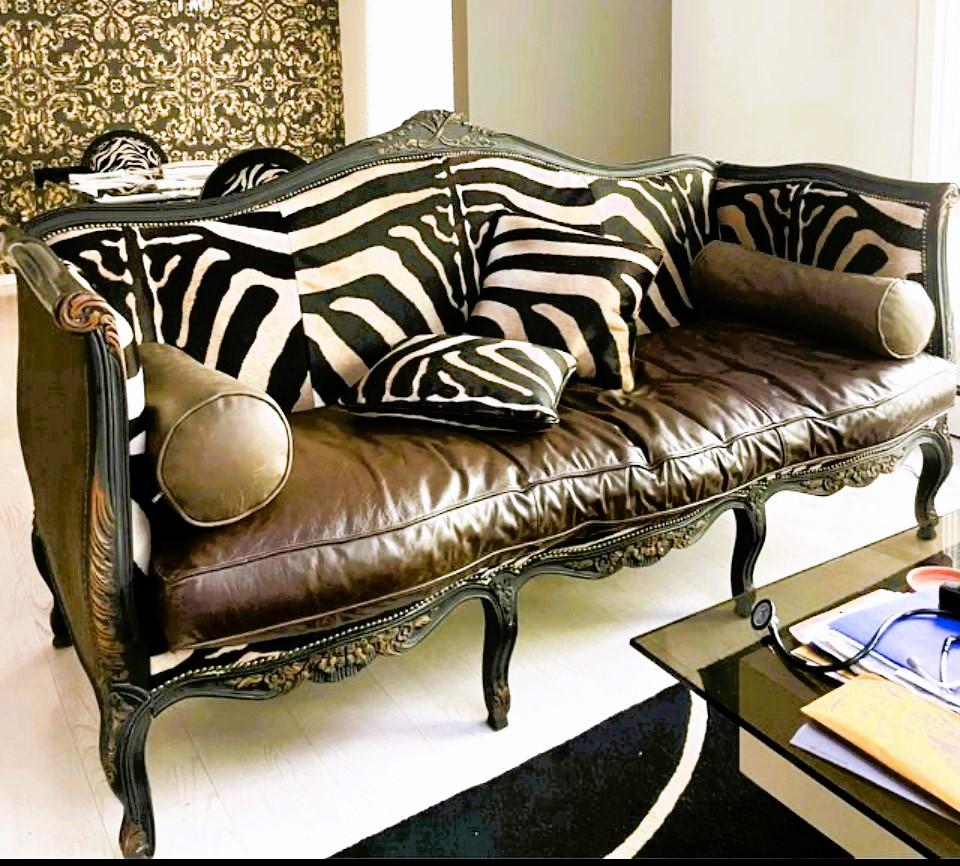 Old Hickory Tannery Sofas/Zebra Print Cowhair, Leather. Suede and Nailhead Trim For Sale at 1stDibs
