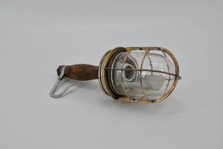 Old Industrial Task Light with a Steel Cage, Wood Handle and a Steel ...