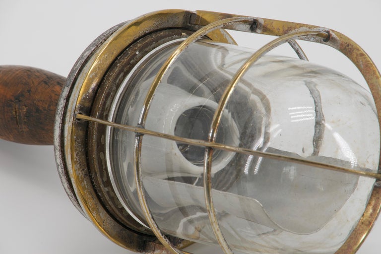 Old Industrial Task Light with a Steel Cage, Wood Handle and a Steel ...