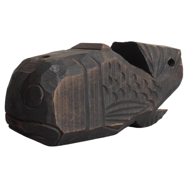 Old Japanese Hearth Tool/Fish-Shaped Wood Carving Figurine/Meiji Period ...