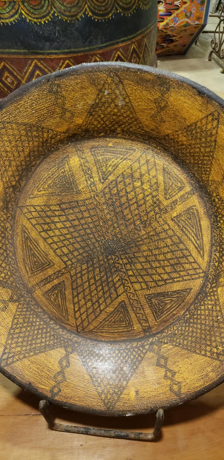 Old Moroccan Hand Painted Wooden Plate, Antique Yellow For Sale at 1stDibs