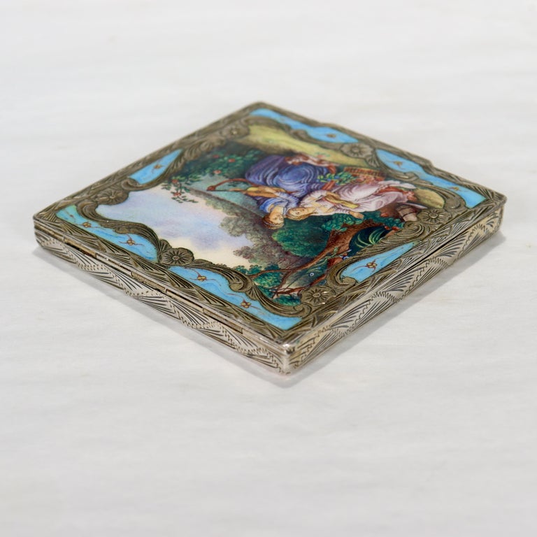 Old or Antique Italian Silver and Enamel Compact with its Original Box ...
