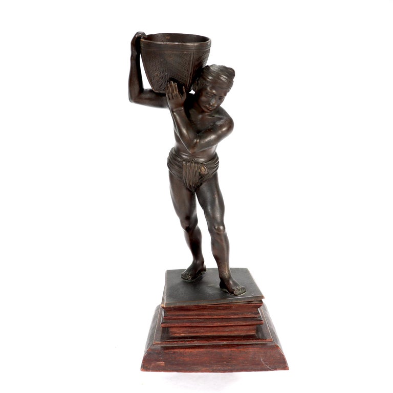 Old or Antique Pegu Burmese Bronze Statue of Man Carrying Basket on ...