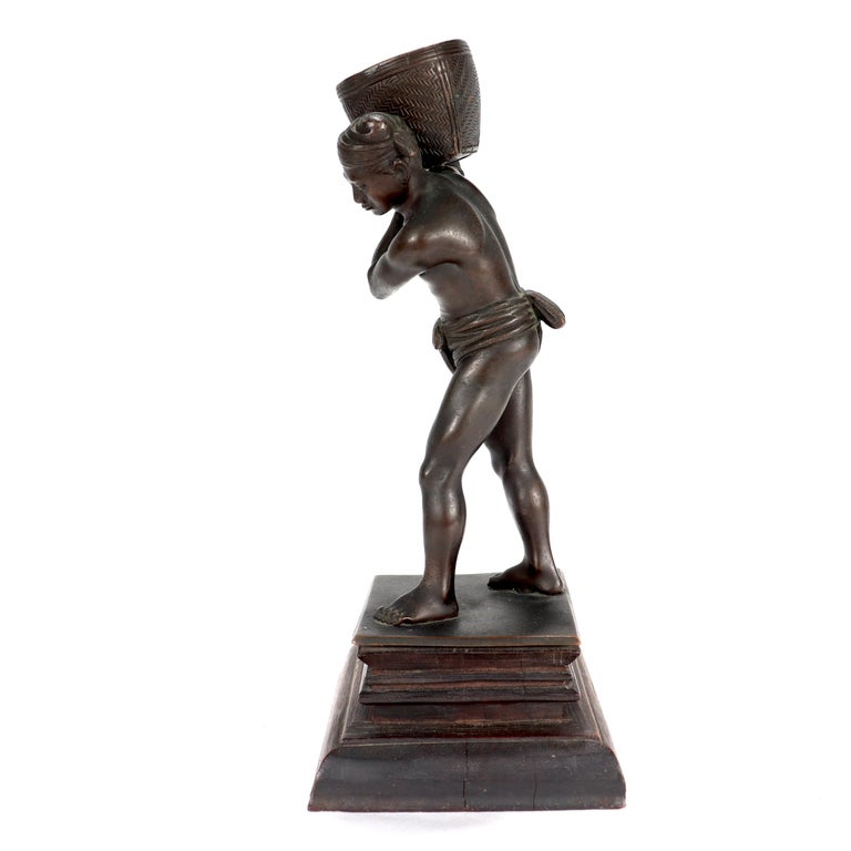 Old or Antique Pegu Burmese Bronze Statue of Man Carrying Basket on ...