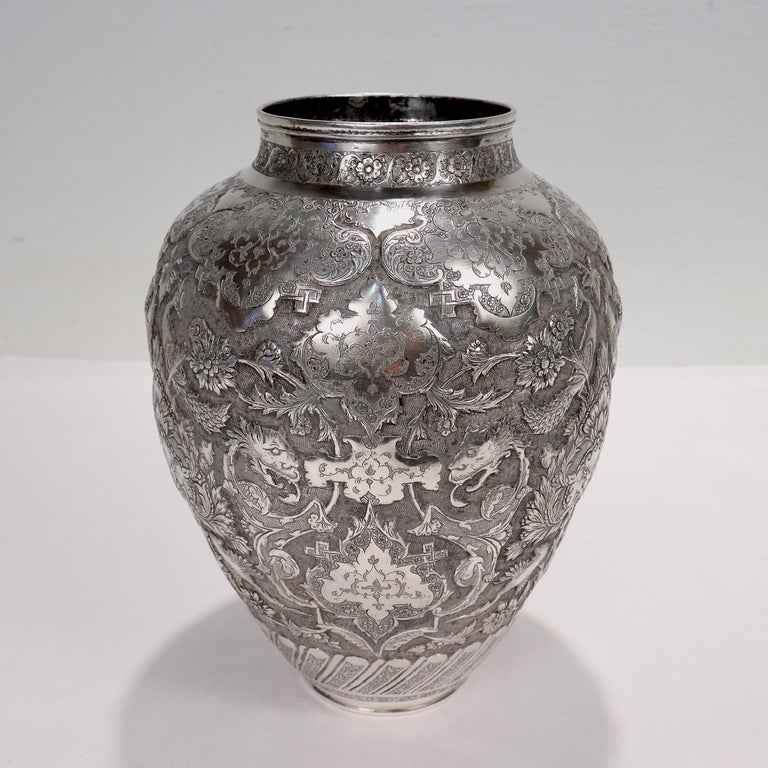 Old or Antique Signed Islamic Ottoman or Persian Repousse Silver Vase ...