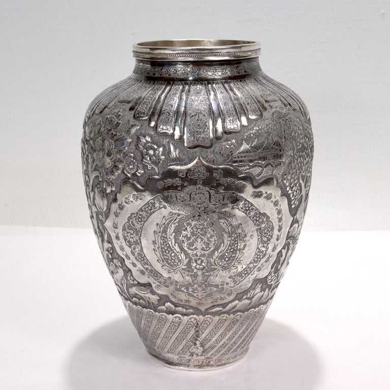 Old or Antique Signed Islamic Ottoman or Persian Repousse Silver Vase ...