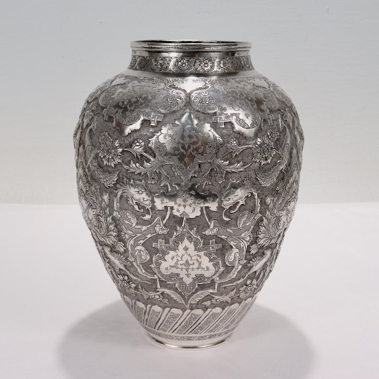 Old or Antique Signed Islamic Ottoman or Persian Repousse Silver Vase ...