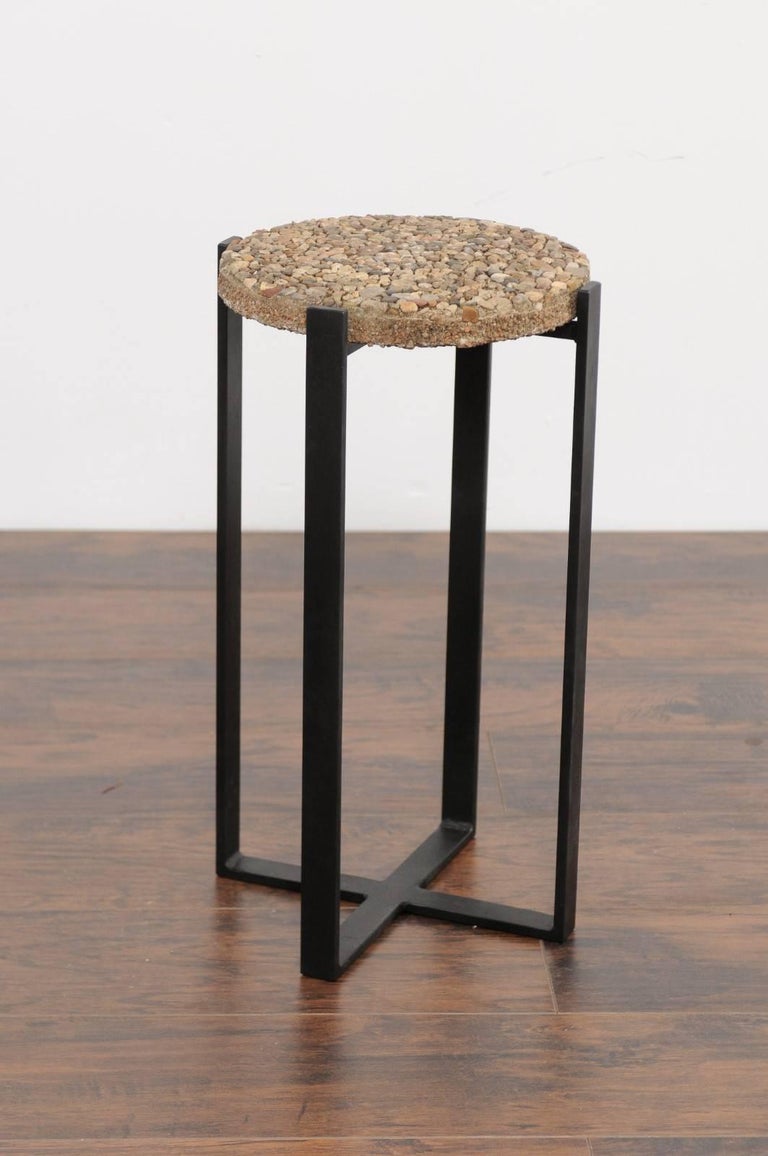 Old Pebble Stone Drink Tabletop Mounted on Custom-Made Iron Base at ...