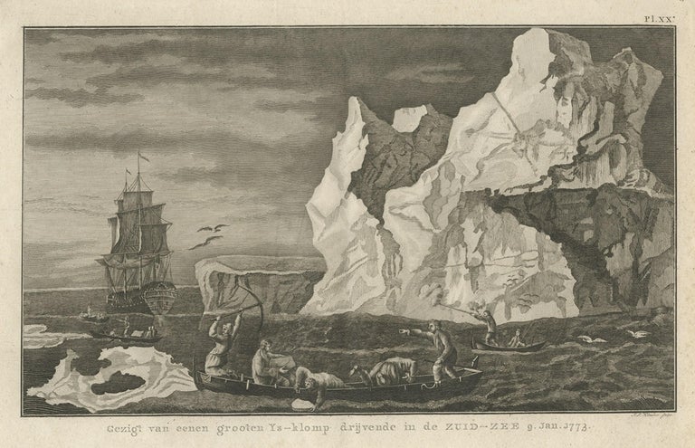 Old Print from Capt. Cooks Travels with Boats and a Ship in the South ...
