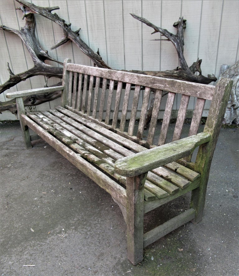 Old Weathered Teak Slat Back Long Garden Bench at 1stDibs