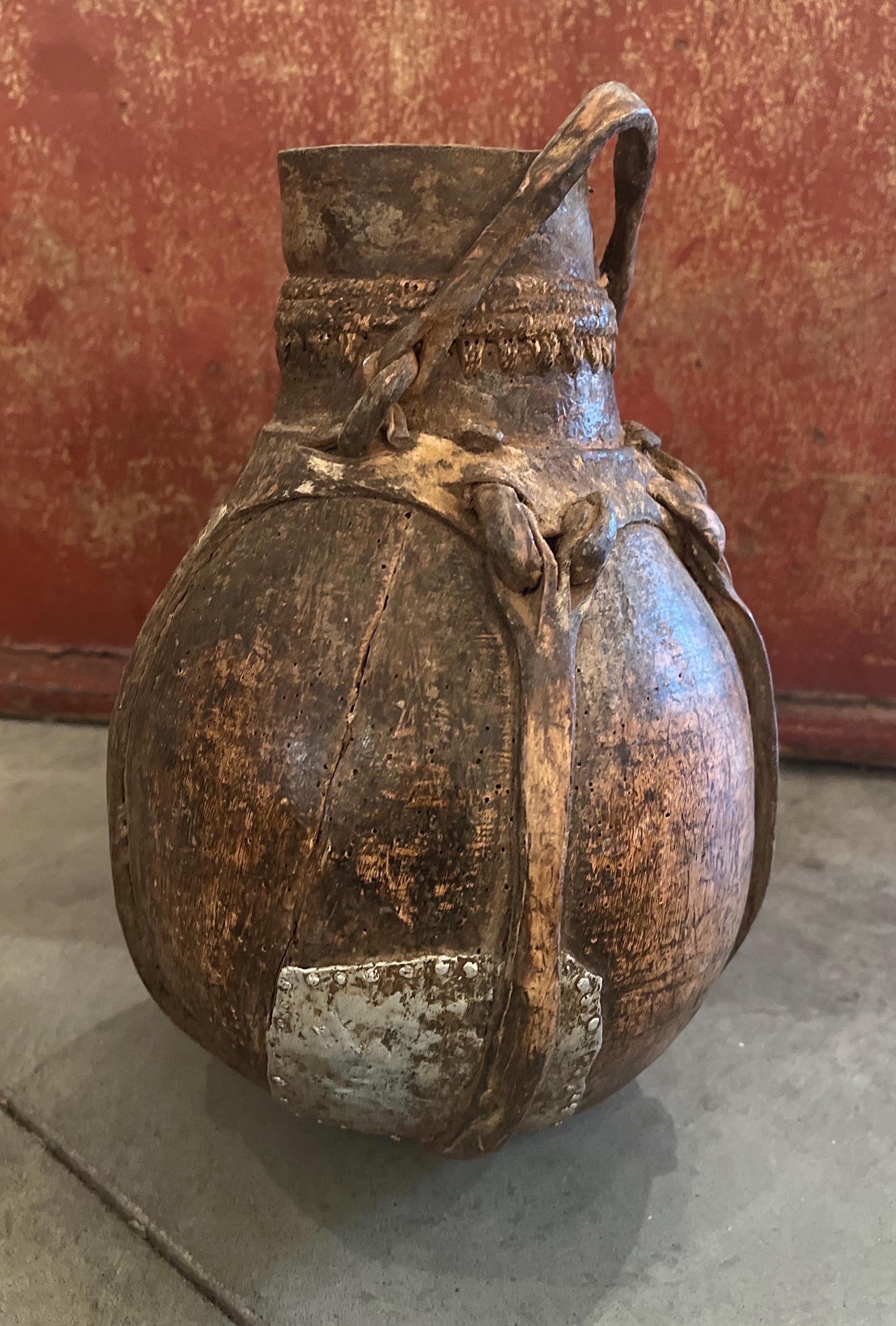 Old Weathered Wood And Leather Container With Metal Repair From Africa ...