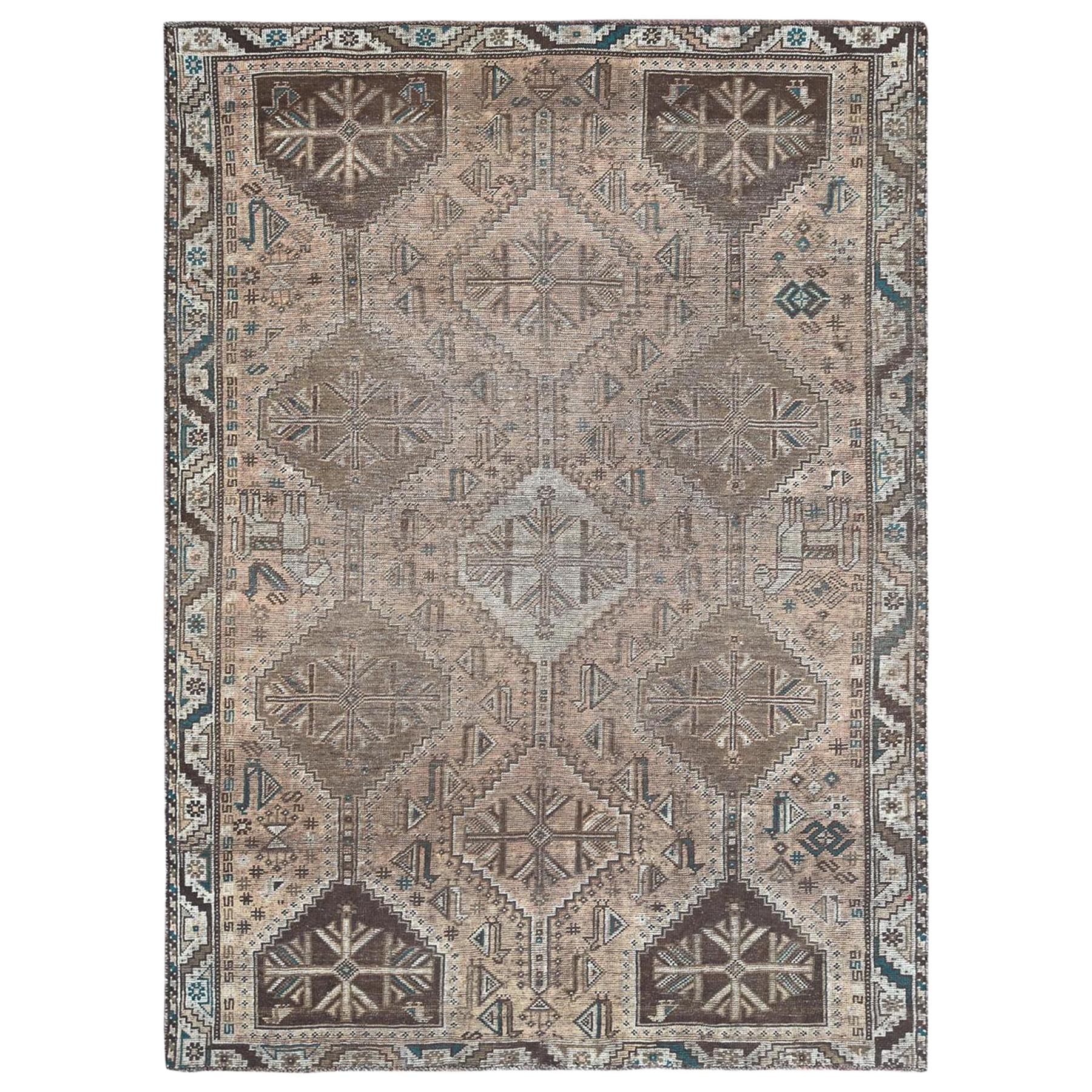 Old Hand Knotted Tan Color Northwest Persian Serrated Medallion Worn ...