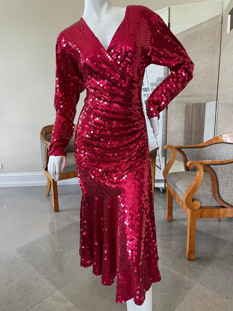 Oleg Cassini 1970's Red Sequin Disco Era Dress For Sale at 1stDibs