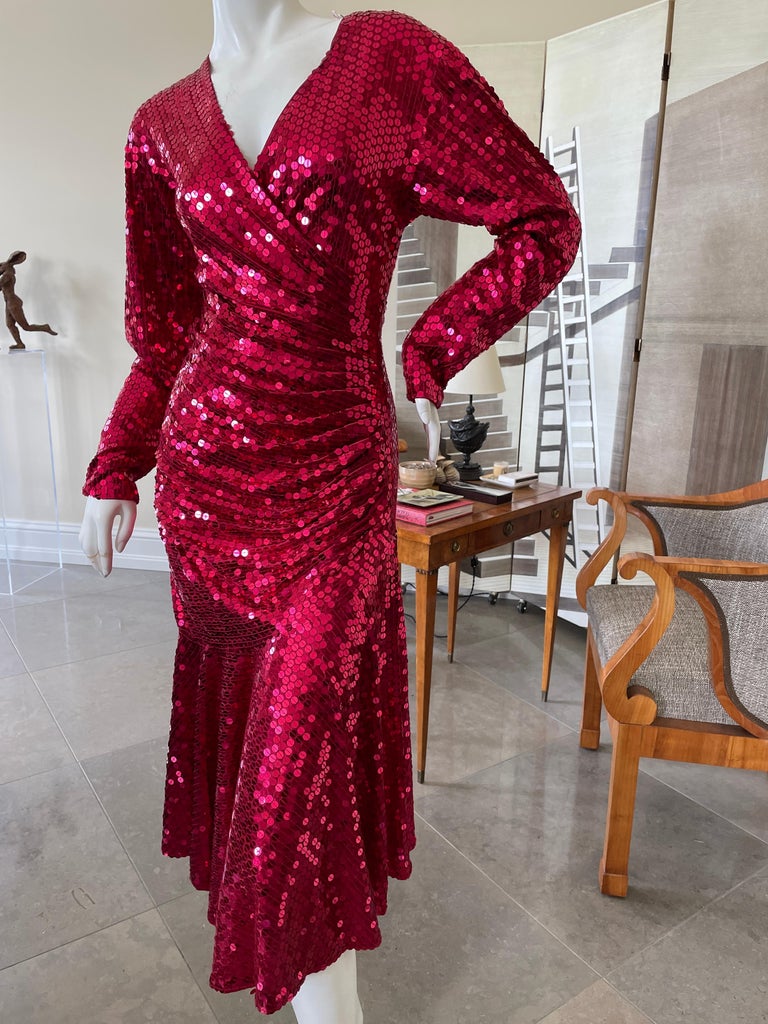 Oleg Cassini 1970's Red Sequin Disco Era Dress For Sale at 1stDibs