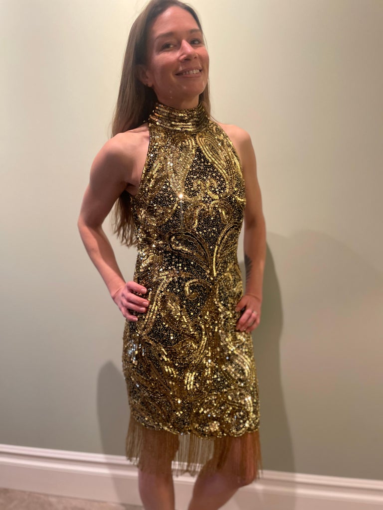 Oleg Cassini Vintage Gold Sequin Fringed Cocktail Dress For Sale at 1stDibs