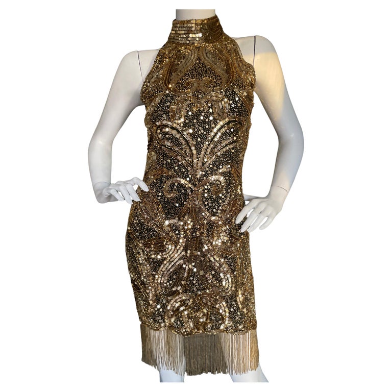 Oleg Cassini Vintage Gold Sequin Fringed Cocktail Dress For Sale at 1stDibs