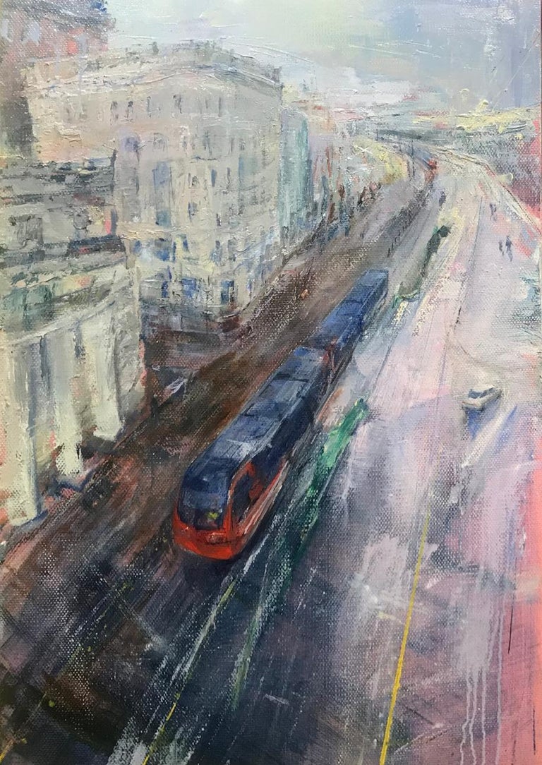 Olga Porter - Light Rail, diptych, Oil on Linen, Main Street in Houston, Urban, Metro Rail For ...
