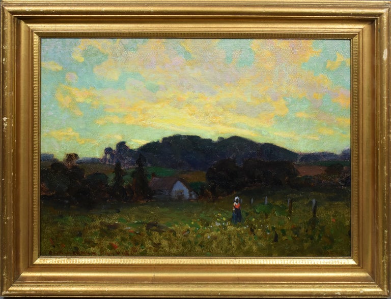 Olin Travis - Texas Sunset Farm with Figure Working, Landscape Oil ...