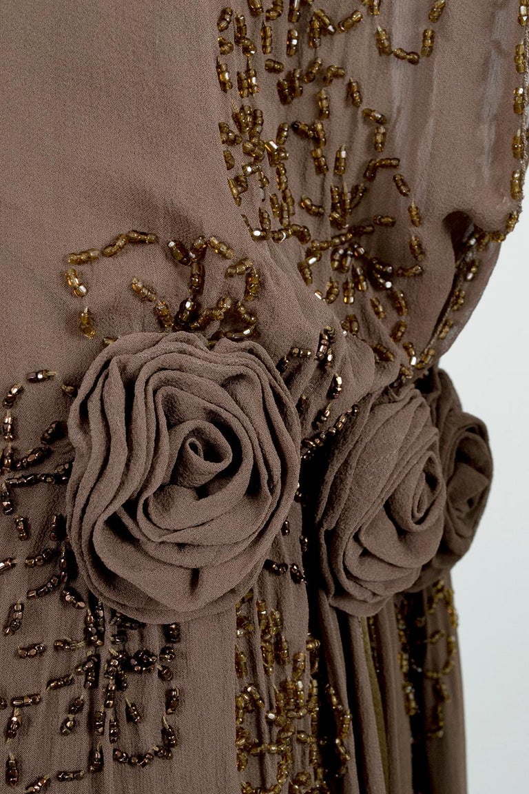 Olive Brown Split-Shoulder Tabard Flapper Dress with Hip Rosettes – S ...
