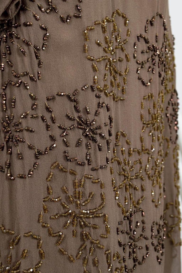 Olive Brown Split-Shoulder Tabard Flapper Dress with Hip Rosettes – S ...