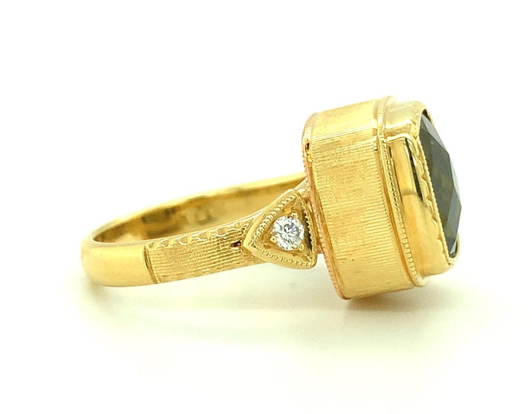Olive Color Tourmaline Cushion and Diamond Yellow Gold Bezel Signet ...
