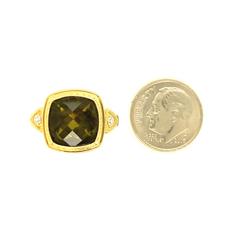 Olive Color Tourmaline Cushion and Diamond Yellow Gold Bezel Signet ...