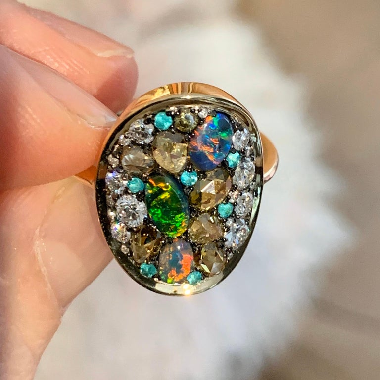 Olive Green Rose-Cut Diamond Black Lightning Ridge Opal, Paraïba ...