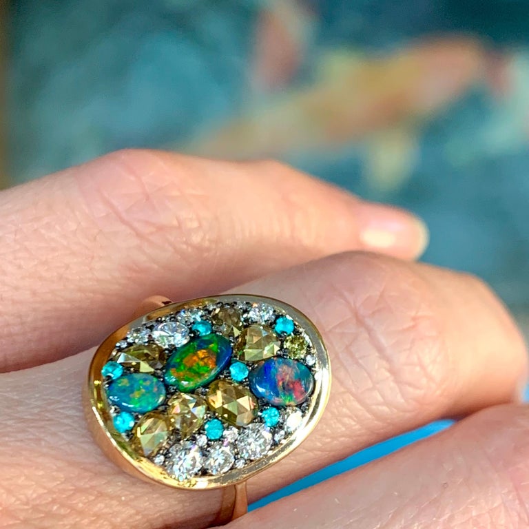 Olive Green Rose-Cut Diamond Black Lightning Ridge Opal, Paraïba ...