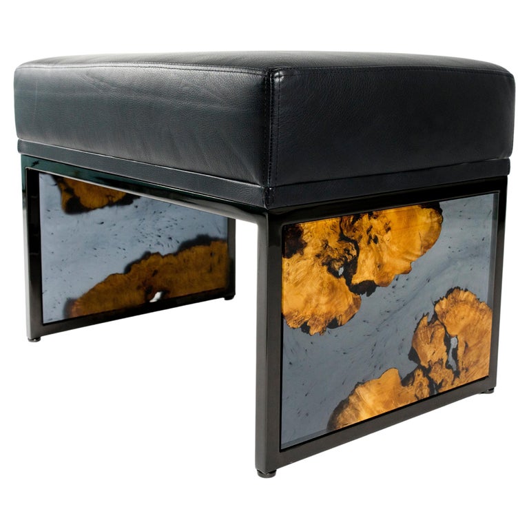 Olive Wood and Leather Upholstered Stool For Sale at 1stDibs