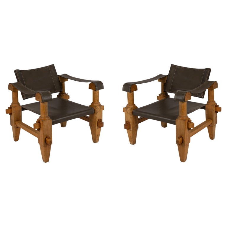 Olive Wood and Bull Leather Mid Century Sling Chairs For Sale at 1stDibs
