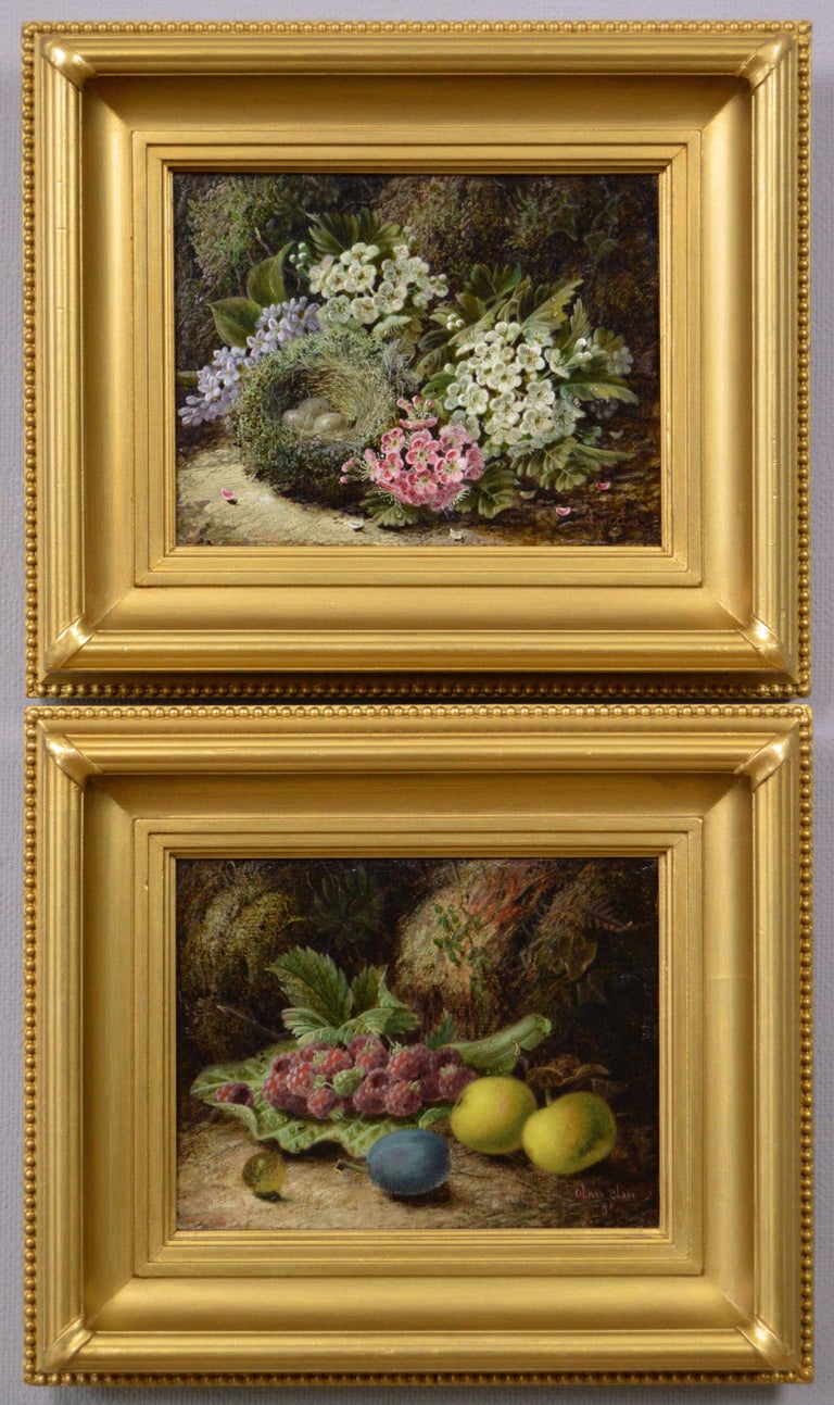Oliver Clare - 19th Century pair of still life oil paintings of birds nest with flowers and ...