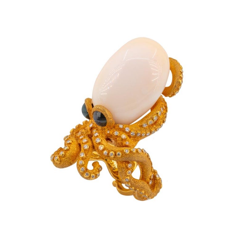 Olympus Art Certified, Tourmalin Eyes, Diamonds and Pearl Octopus Ring ...