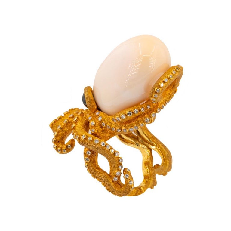 Olympus Art Certified, Tourmalin Eyes, Diamonds and Pearl Octopus Ring ...