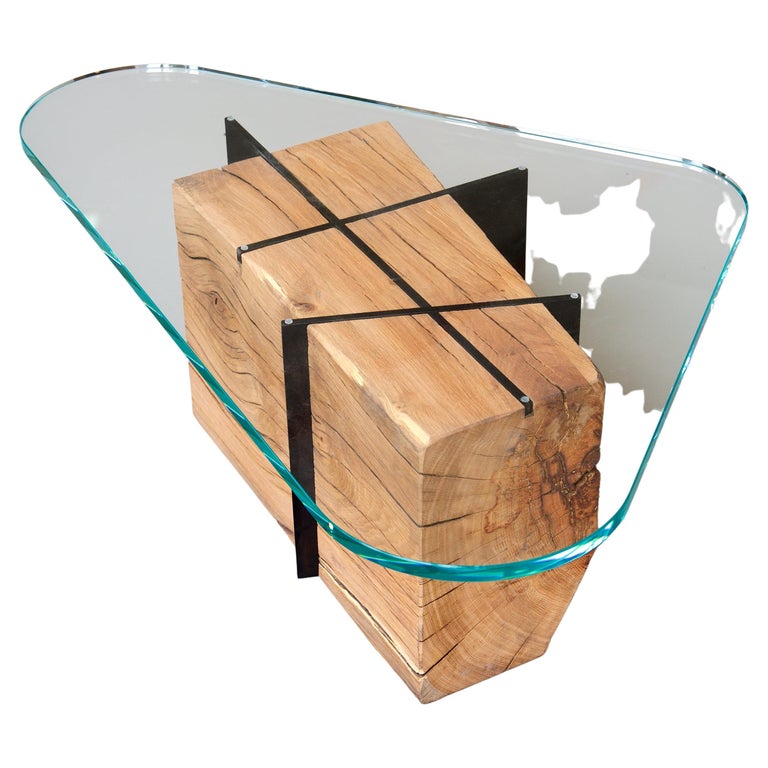 Coffee Table, Natural Raw Oak, Patinated Steel, Extra Clear Glass -om6 ...
