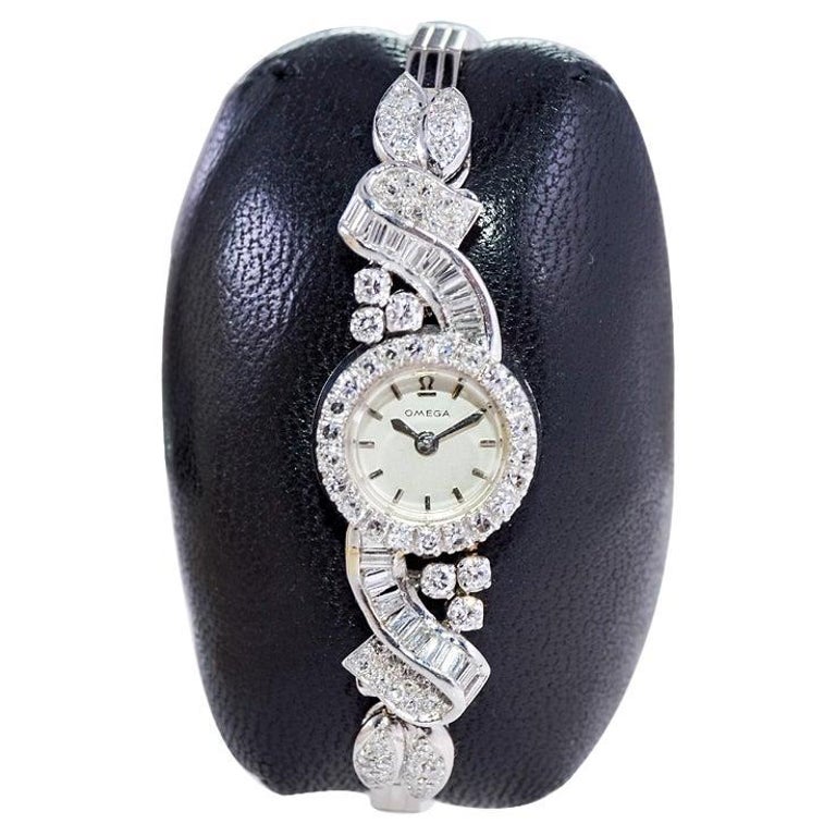 Omega 18 Karat Gold Art Deco Style Back Wind Diamond Watch, circa 1940s ...