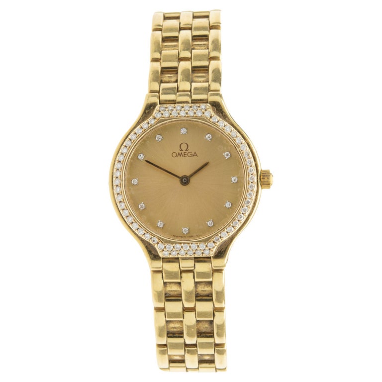 Omega 18 Karat Yellow Gold Ladies Deville with Diamond Bezel at 1stDibs