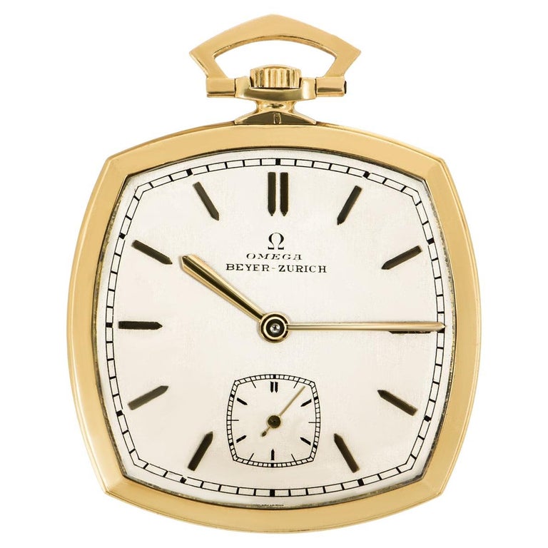 Omega Rare Yellow Gold Double Signed Dial Square Open Face Pocket Watch
