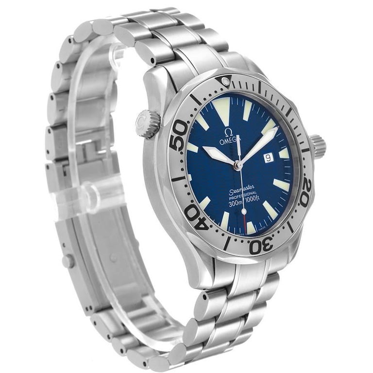 Omega Seamaster Electric Blue Wave Dial Steel Mens Watch 2265.80.00 Box Card For Sale at 1stDibs