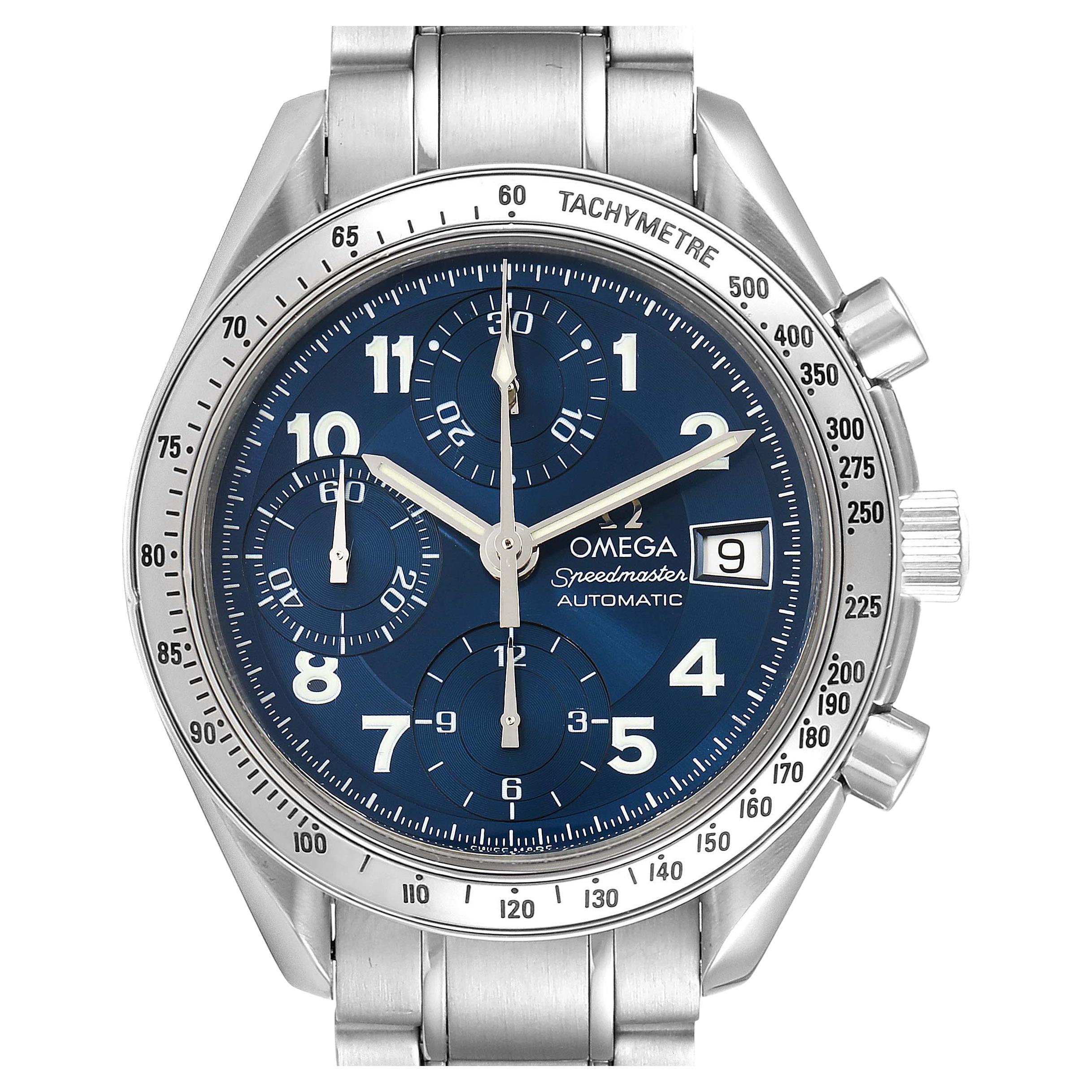Omega Speedmaster Steel Chronograph Blue Dial Automatic Mens Watch 3521 ...