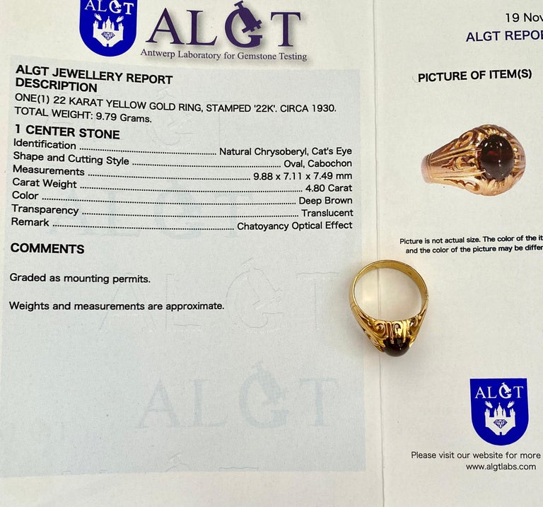 One '1' 22K '916/-' Yellow Gold Ring with Chrysoberyl, Cat's Eye ...