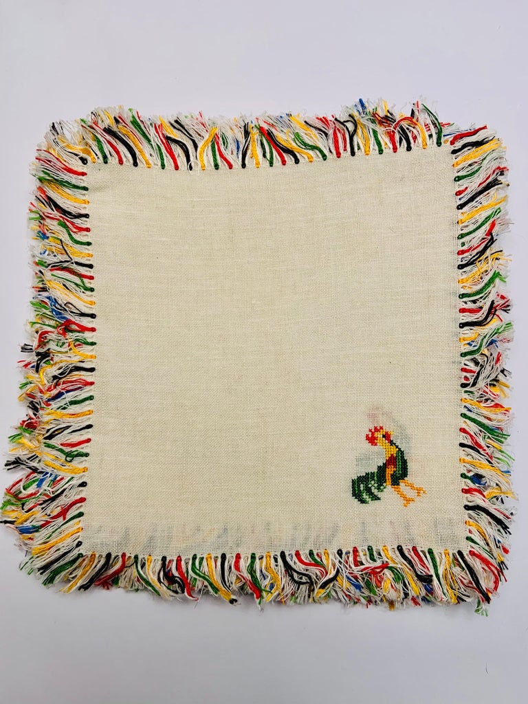 One Dozen 1950's Linen Cocktail Napkins Multi Color Cockerel and Fringe ...