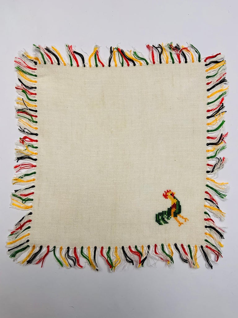 One Dozen 1950's Linen Cocktail Napkins Multi Color Cockerel and Fringe ...