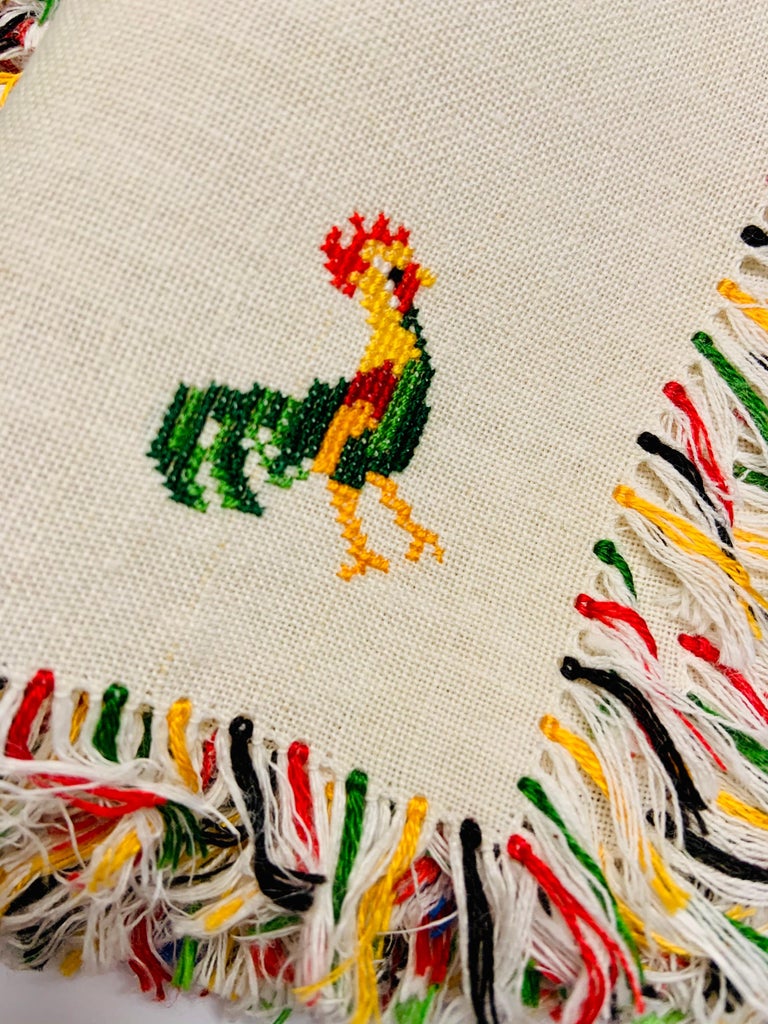 One Dozen 1950's Linen Cocktail Napkins Multi Color Cockerel and Fringe ...