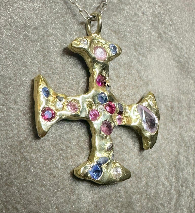 Divine Byzantine Modern 18K Yellow Gold Cross Adorned with Sapphires ...