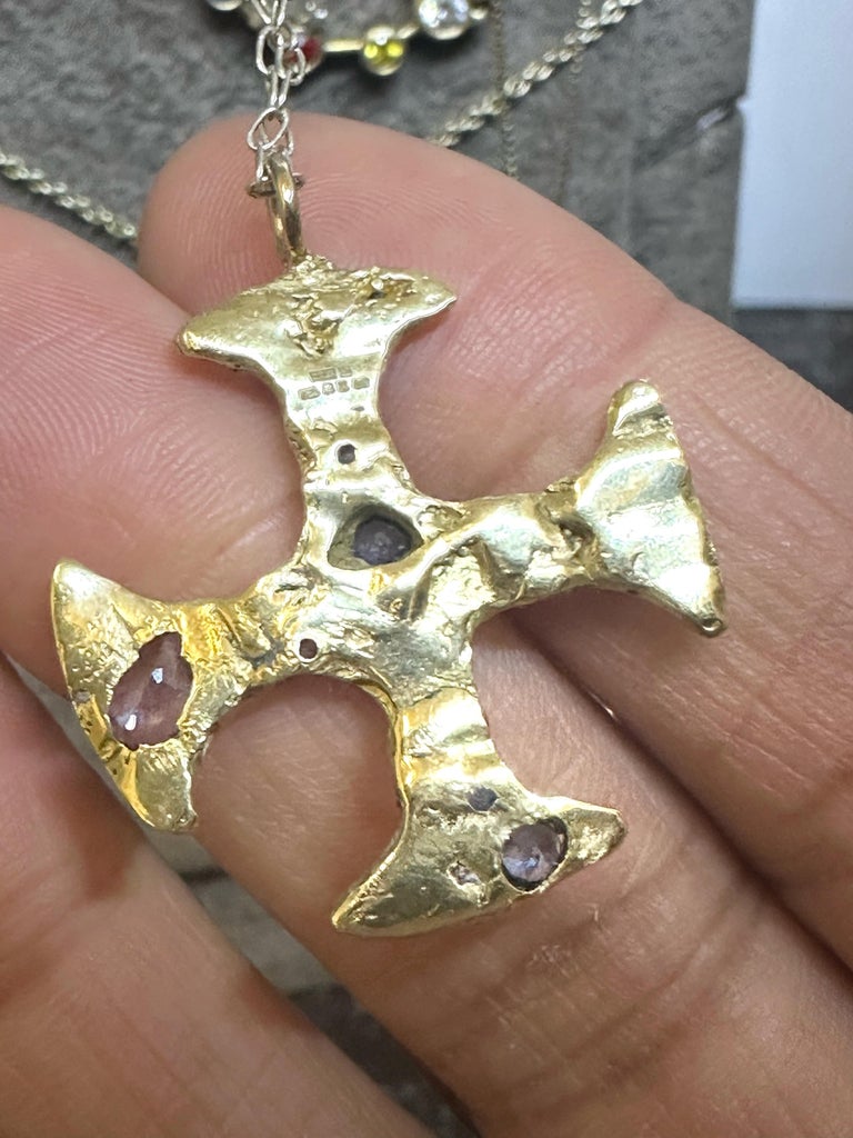 Divine Byzantine Modern 18K Yellow Gold Cross Adorned with Sapphires ...