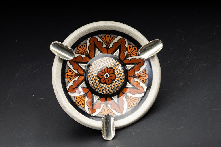 One of a Kind Ashtray, Ceramic and White Metal 'Alpaca' For Sale at 1stDibs